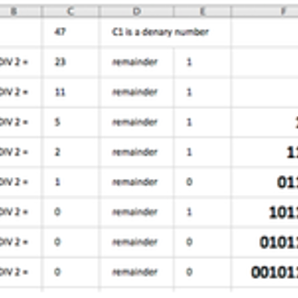 Denary (Decimal) to Binary spreadsheet challenge
